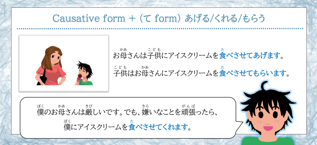 Combine the causative form with ～てあげる/くれる/もらう to make a sentence in ...